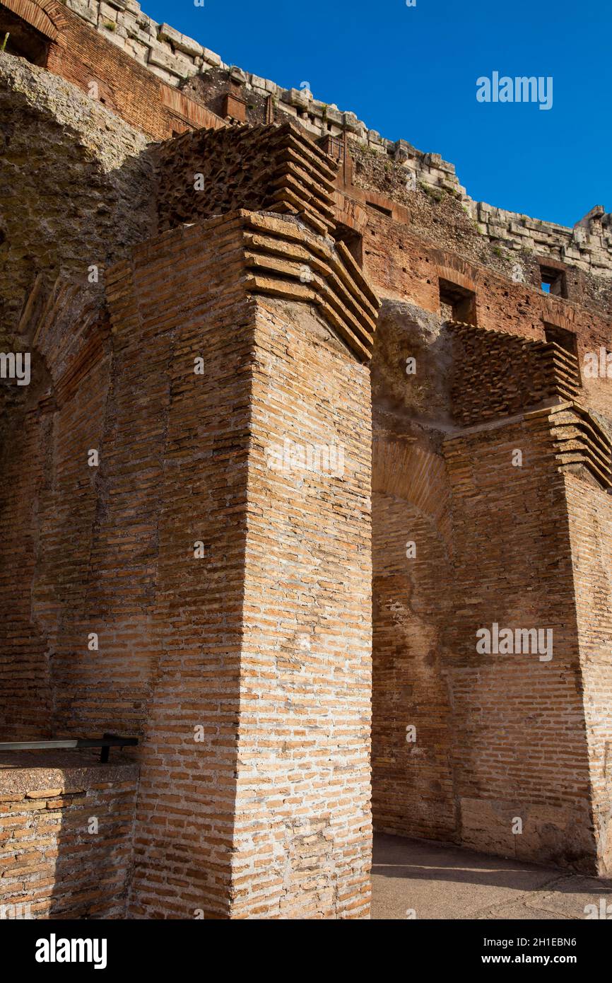 ROME, ITALY - APRIL, 2018: Detail of the walls of the famous Colosseum ...