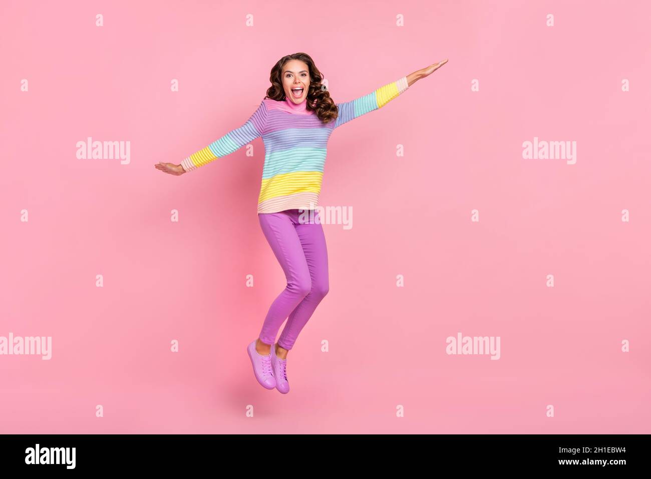 Full length photo of young girl arms wings fly excited enjoy dream ...