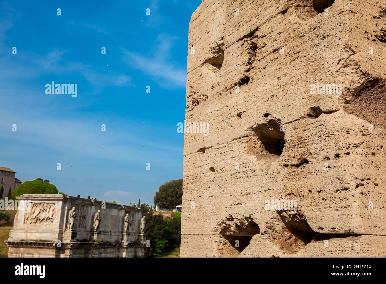 ROME, ITALY - APRIL, 2018: Detail of the walls of the famous Colosseum ...