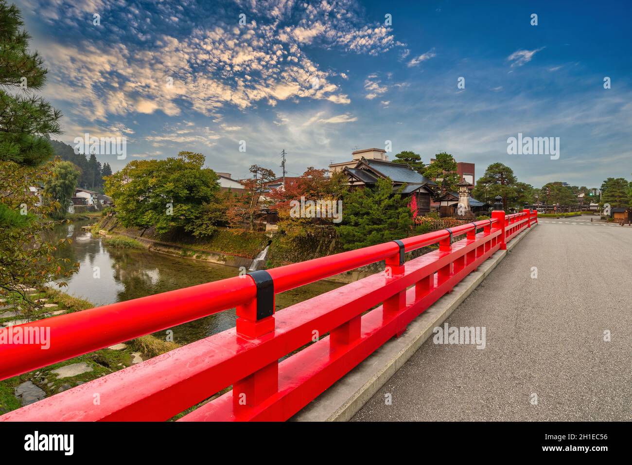 Takayama Gifu Japan, city skyline at Nakabashi red bridge and Miyagawa ...