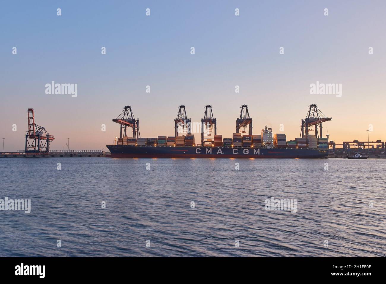 ROTTERDAM, THE NETHERLANDS - SEPTEMBER 20, 2019: Huge container ship in ...