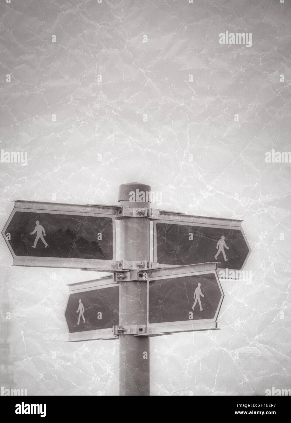 Four pedestrian directional signs blank empty for copy space with ...