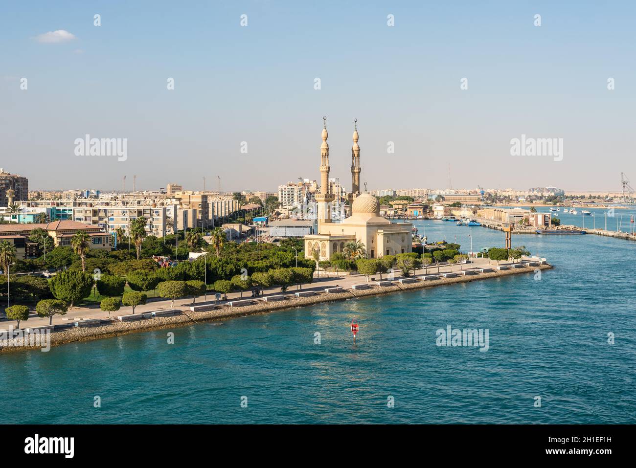 Suez, Egypt - November 5, 2017: An Egyptian Mosque and maritime port at ...