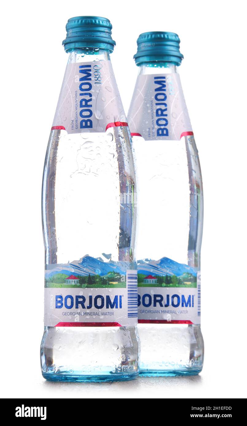 POZNAN, POL - APR 30, 2020: Bottles of Borjomi, a brand of naturally ...