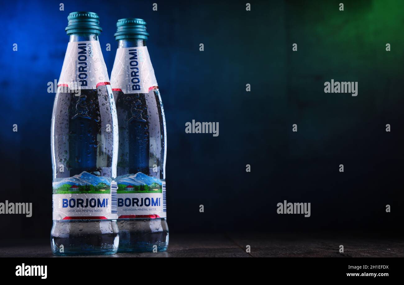 POZNAN, POL - APR 30, 2020: Bottles of Borjomi, a brand of naturally ...