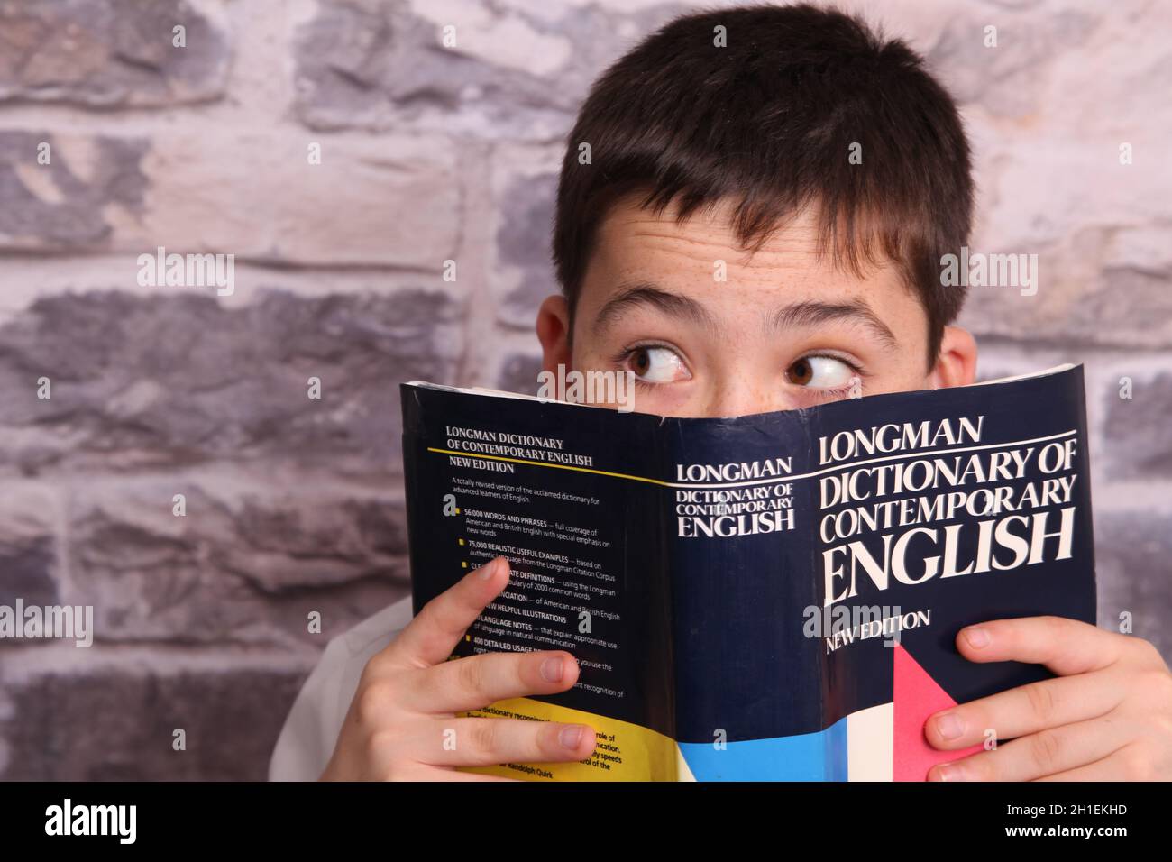 School boy looking over the top of Longmans Dictionary of Contemporary ...