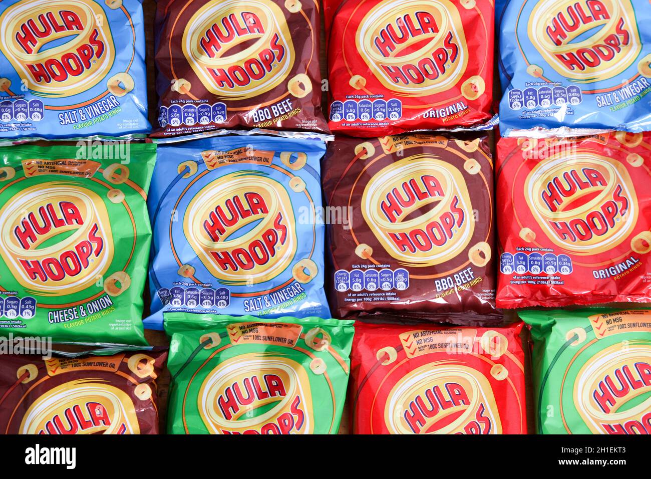Hula Hoops, bags of Hula Hoop crisps, variety of flavours, close up ...