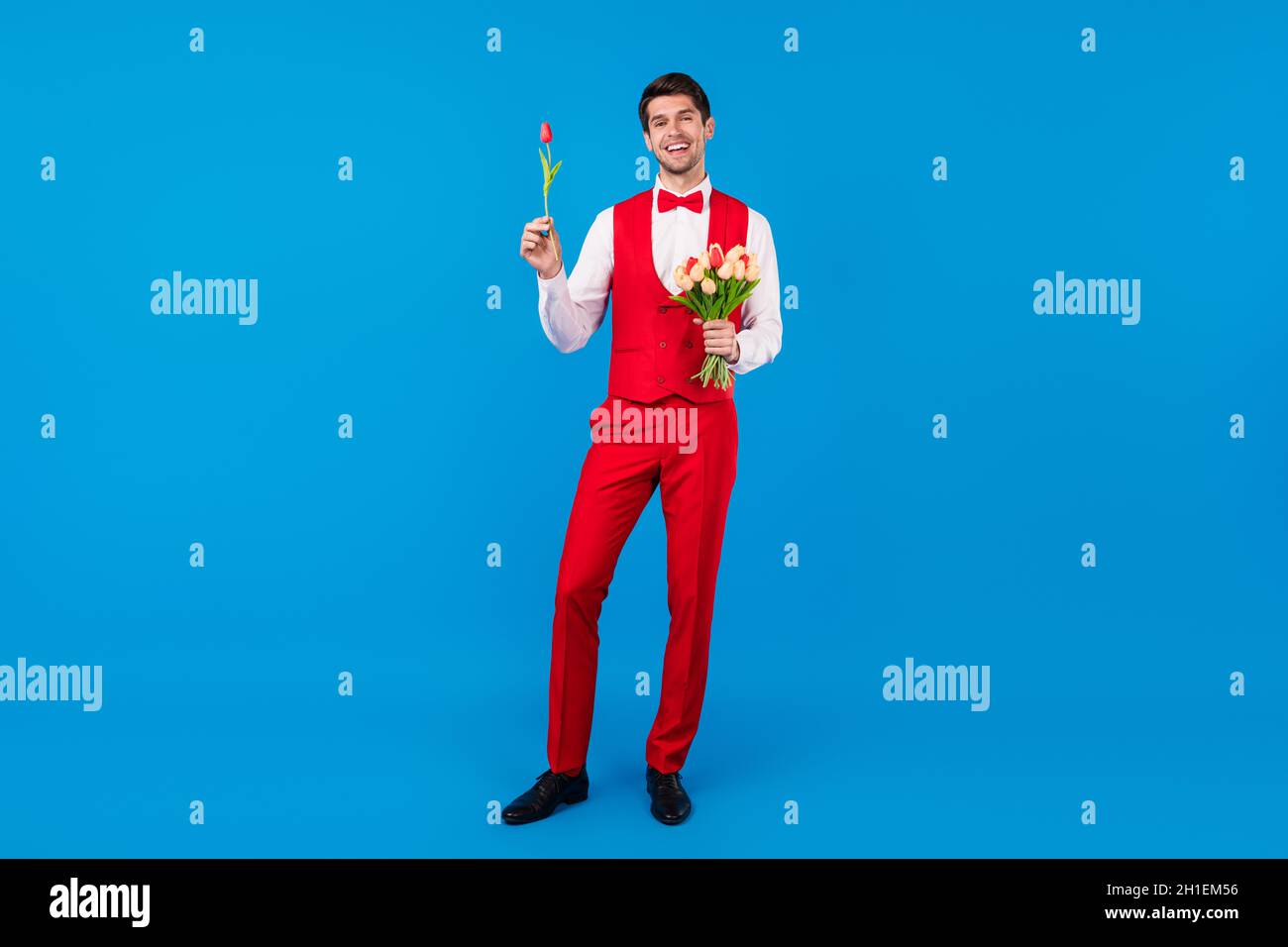 Full body photo of young handsome man happy positive gentleman present ...