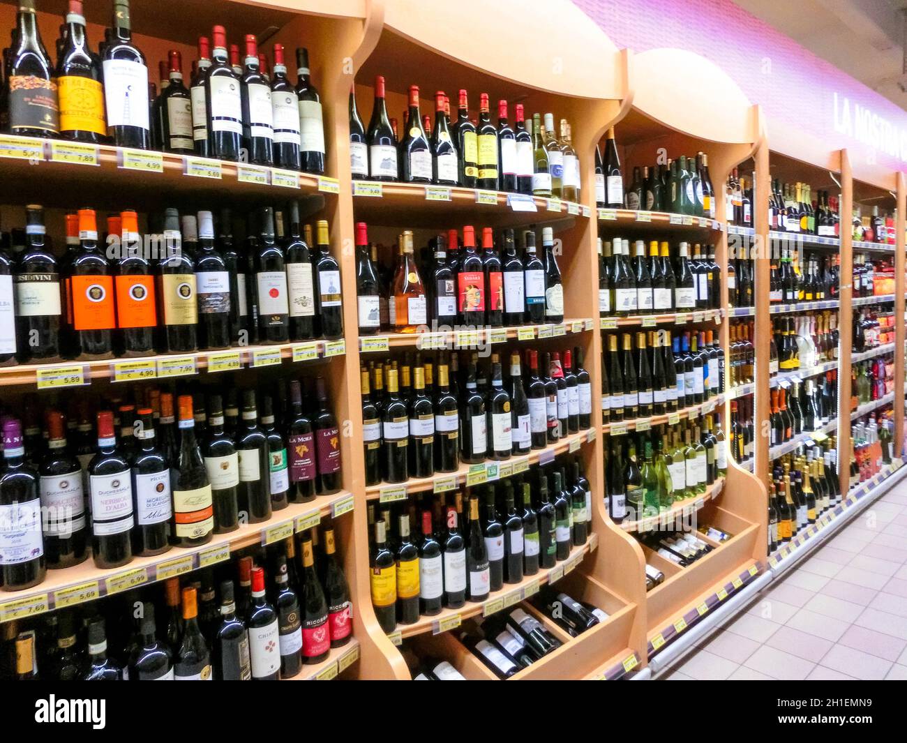 Genoa, Liguria, Italy - September 11, 2019: The wine shellves at ...