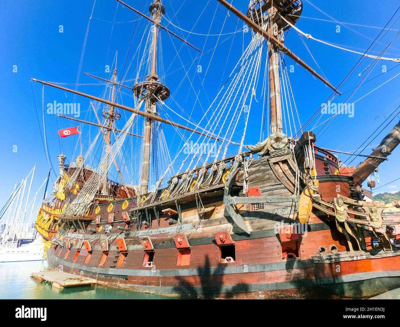 GENOA, ITALY - September 11, 2019: Galeone Neptune pirate ship in Genoa ...