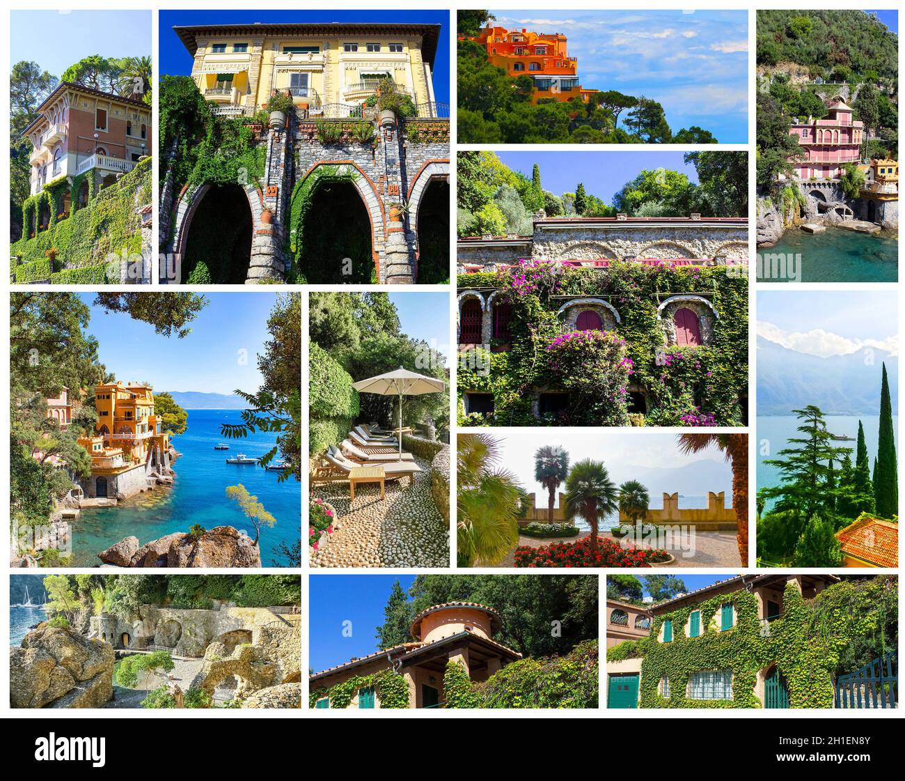 Collage about beautiful bay with colorful villas in Portofino, Capri at ...