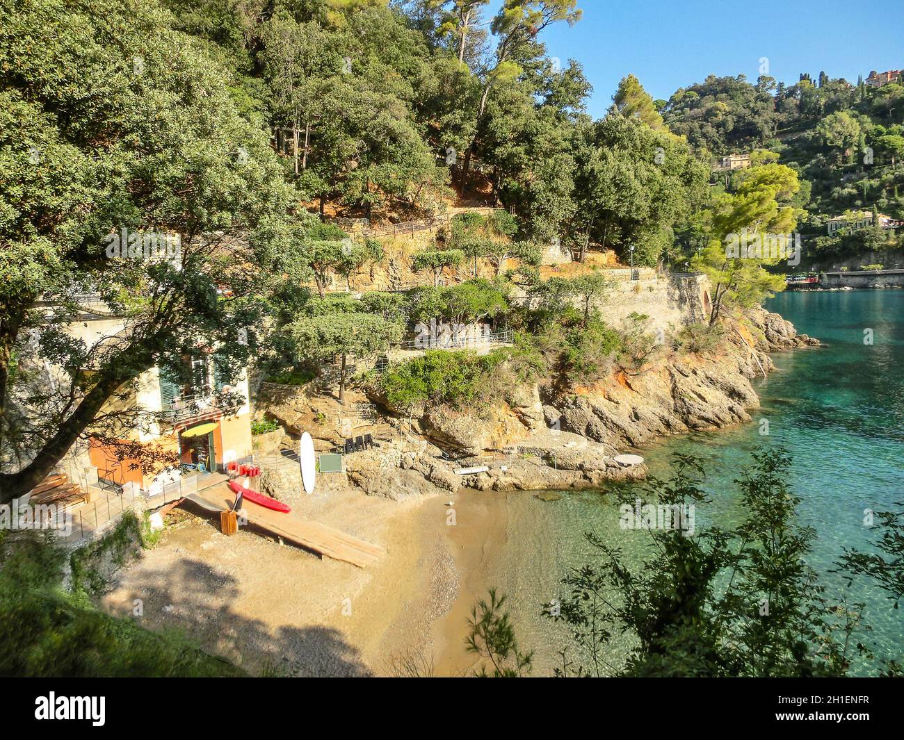 The sand beach known as paraggi near portofino in genoa on a blue sea ...