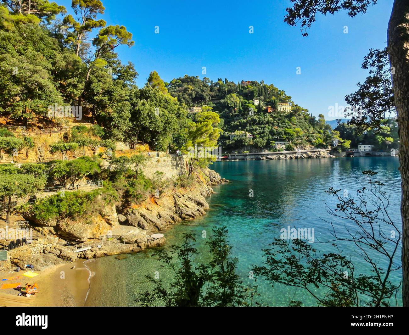 The sand beach known as paraggi near portofino in genoa on a blue sea ...