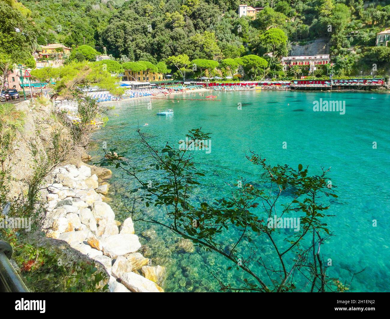 The sand beach known as paraggi near portofino in genoa on a blue sea ...