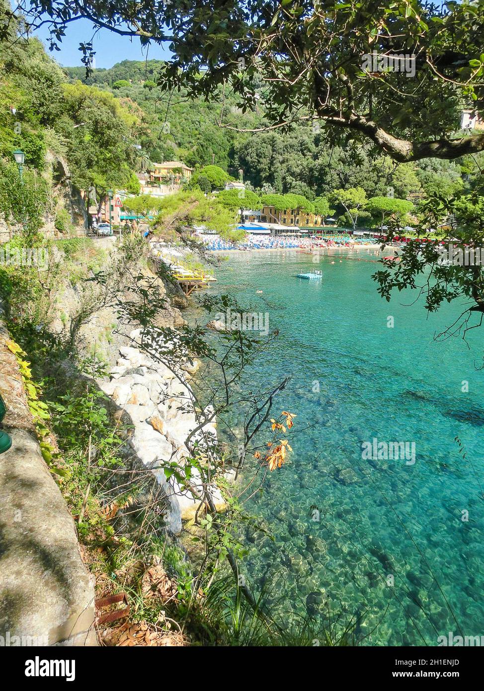 The sand beach known as paraggi near portofino in genoa on a blue sea ...
