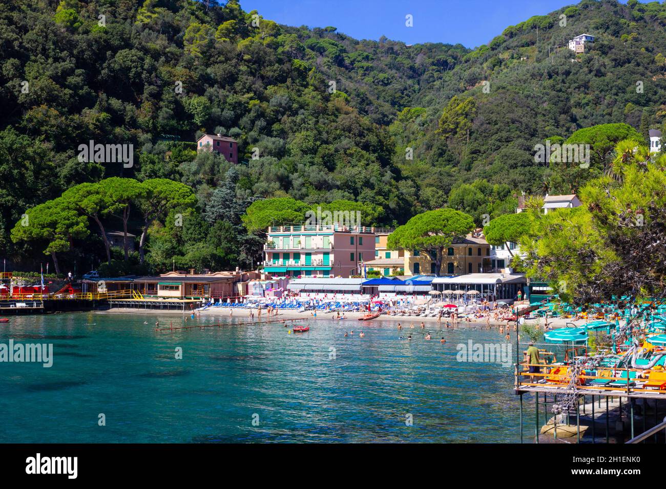 The sand beach known as paraggi near portofino in genoa on a blue sky ...