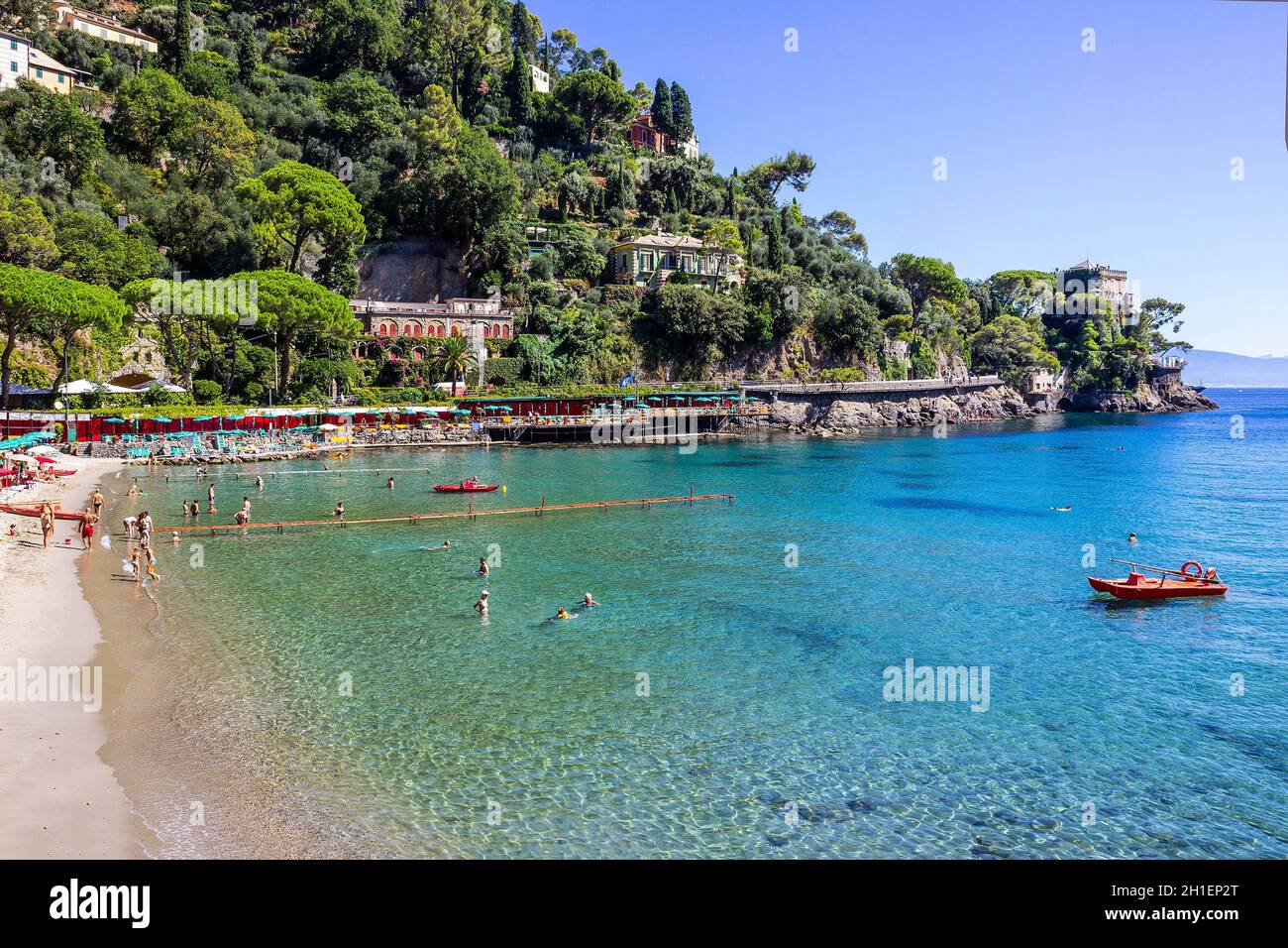 The sand beach known as paraggi near portofino in genoa on a blue sky ...