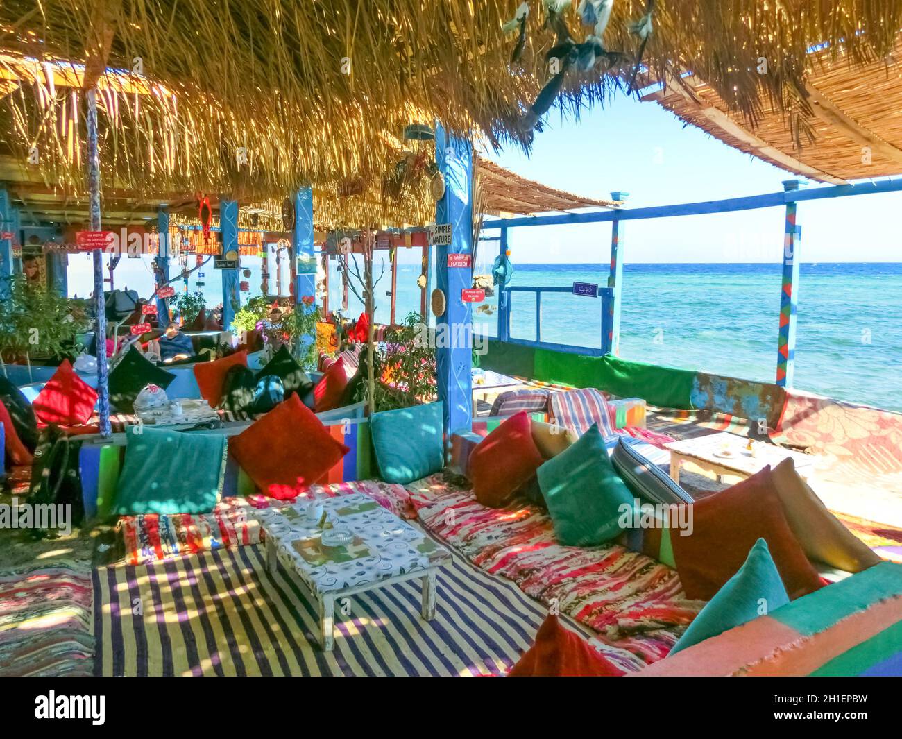Dahab, Egypt - February 17, 2020: The outdoor cafe or lounge and relax ...