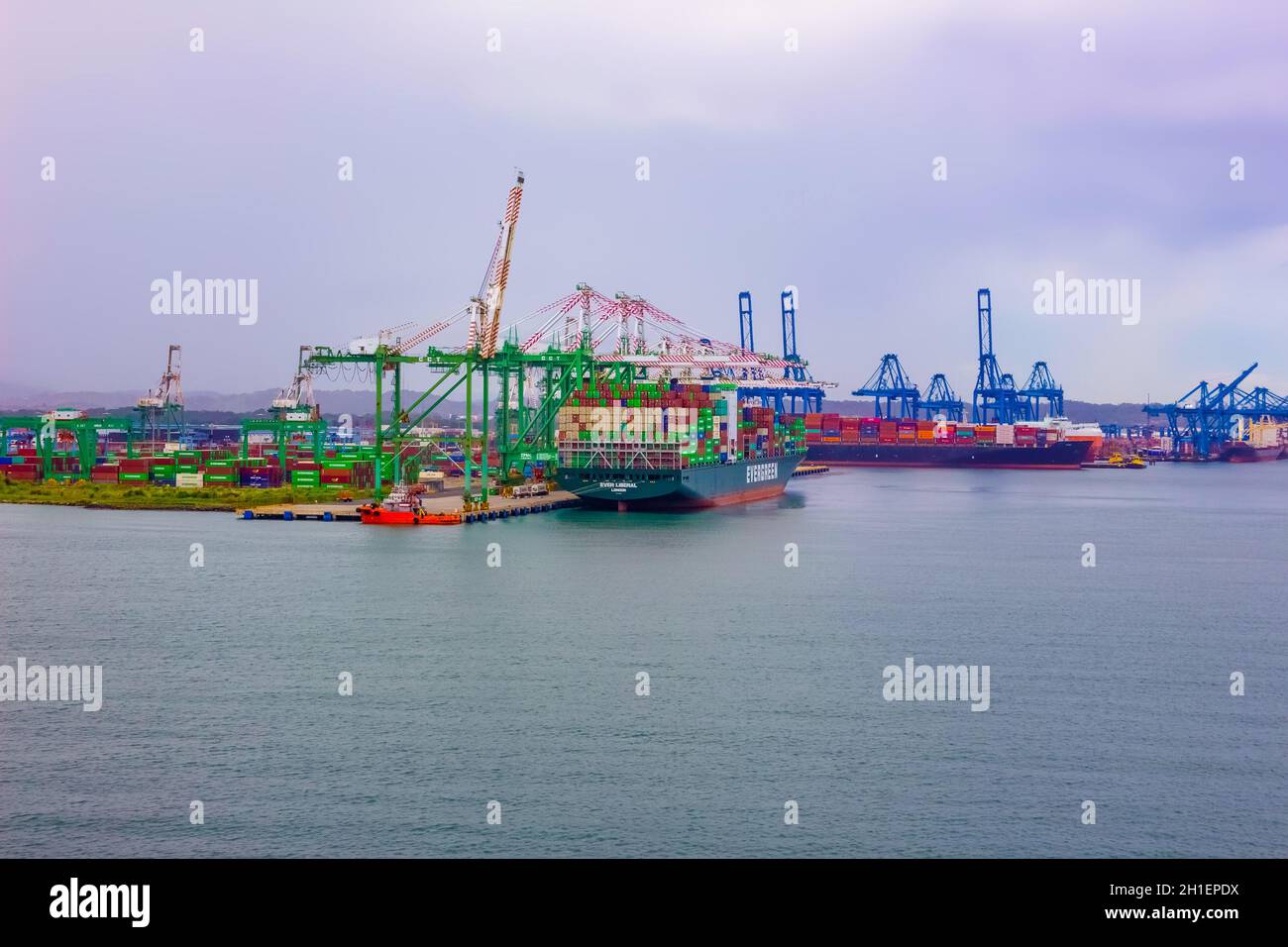 Colon, Panama - December 8, 2019: Evergreen container ship with full of ...