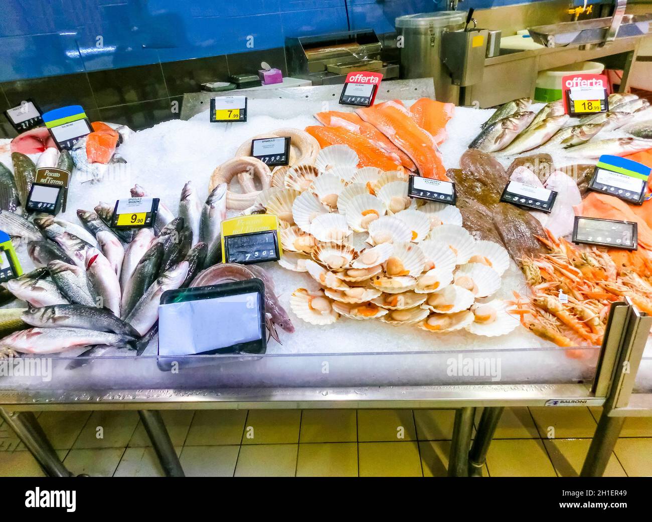 Genoa, Liguria, Italy - September 11, 2019: Italian fish market with ...
