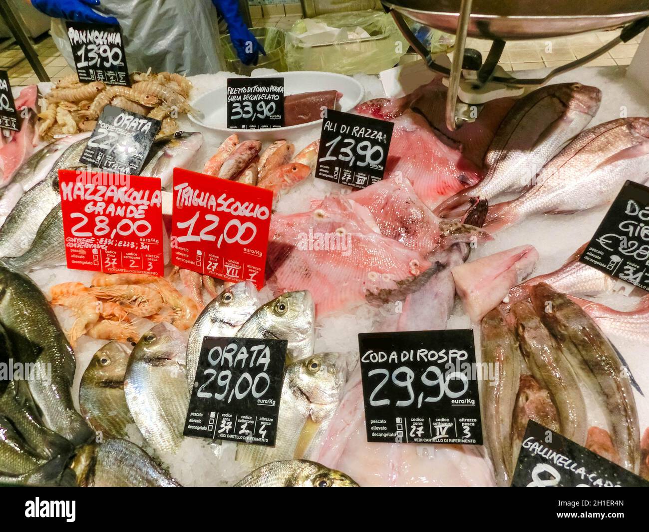 Genoa, Liguria, Italy - September 11, 2019: Italian fish market with ...
