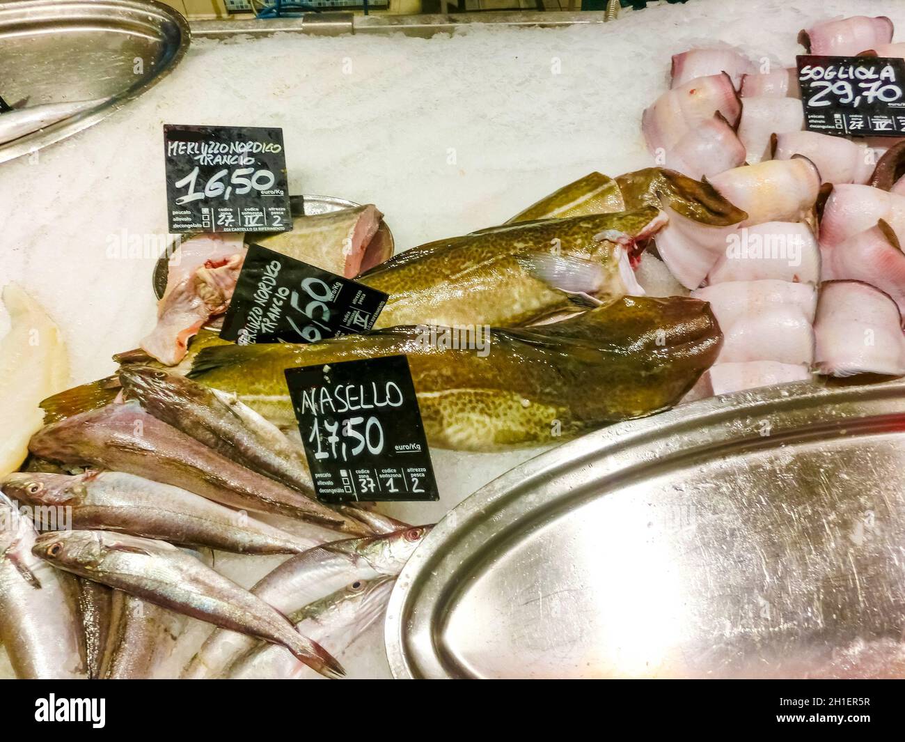 Genoa, Liguria, Italy - September 11, 2019: Italian fish market with ...