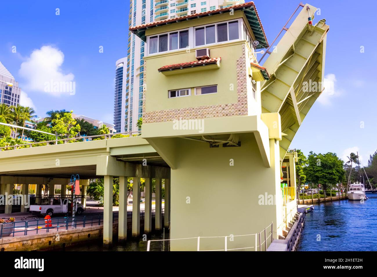 Opened draw bridge at harbor in Fort Lauderdale at Florida Stock Photo ...