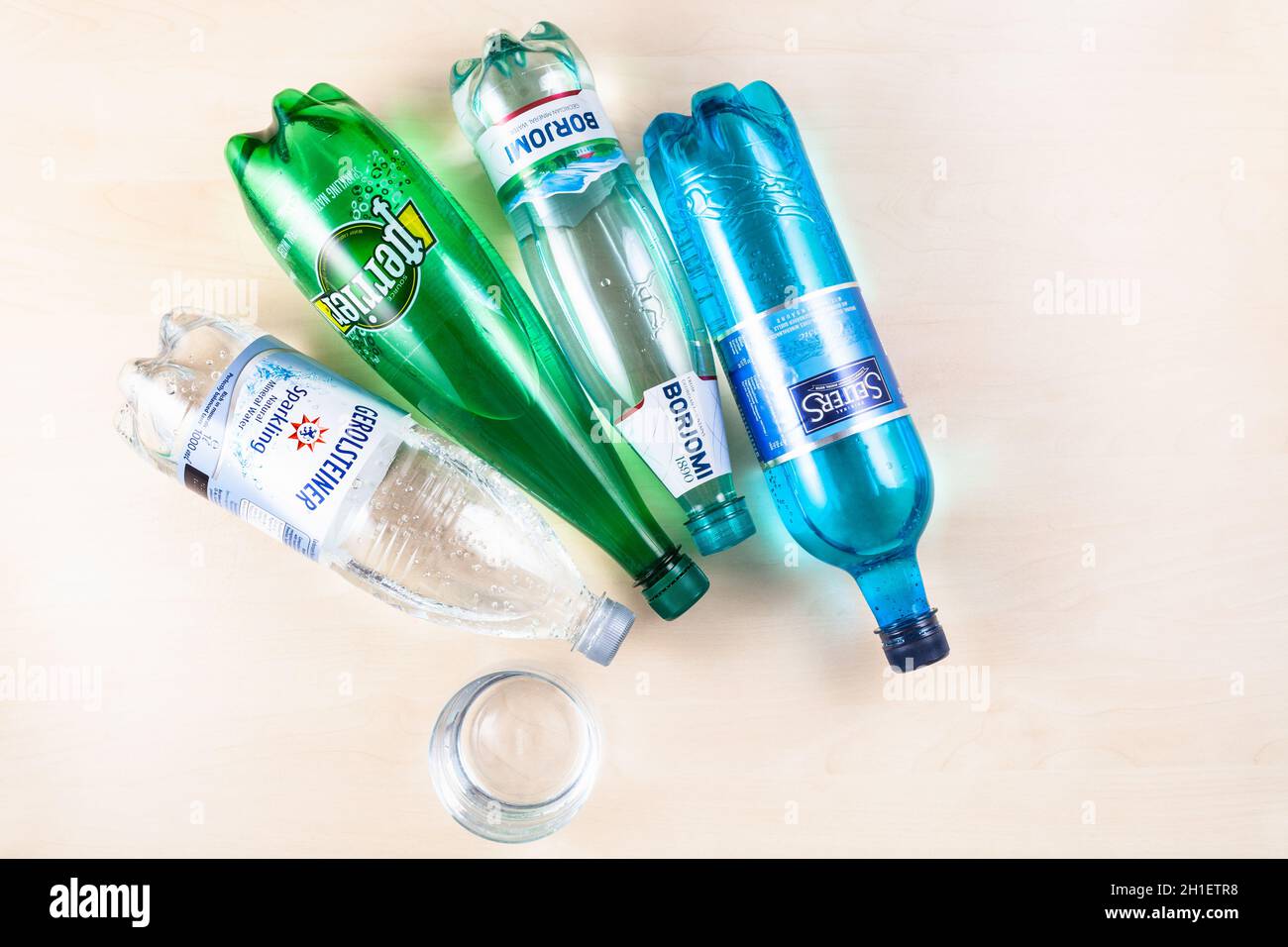 MOSCOW, RUSSIA - MAY 10, 2020: top view of various lying plastic ...