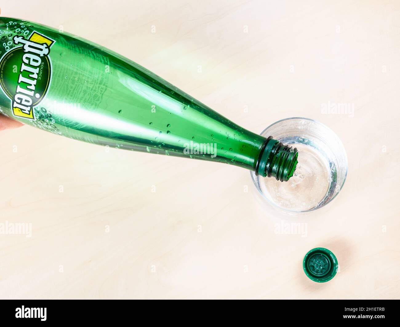 MOSCOW, RUSSIA - MAY 10, 2020: top view of pouring water from plastic ...