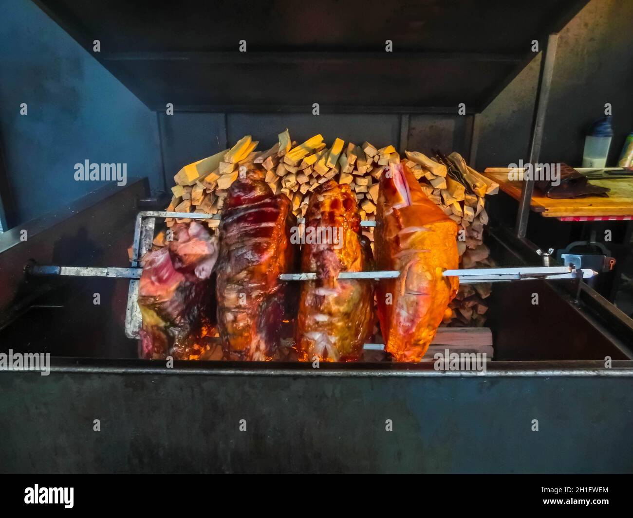 The traditional Czech street food - pork on fire at Prague Stock Photo ...