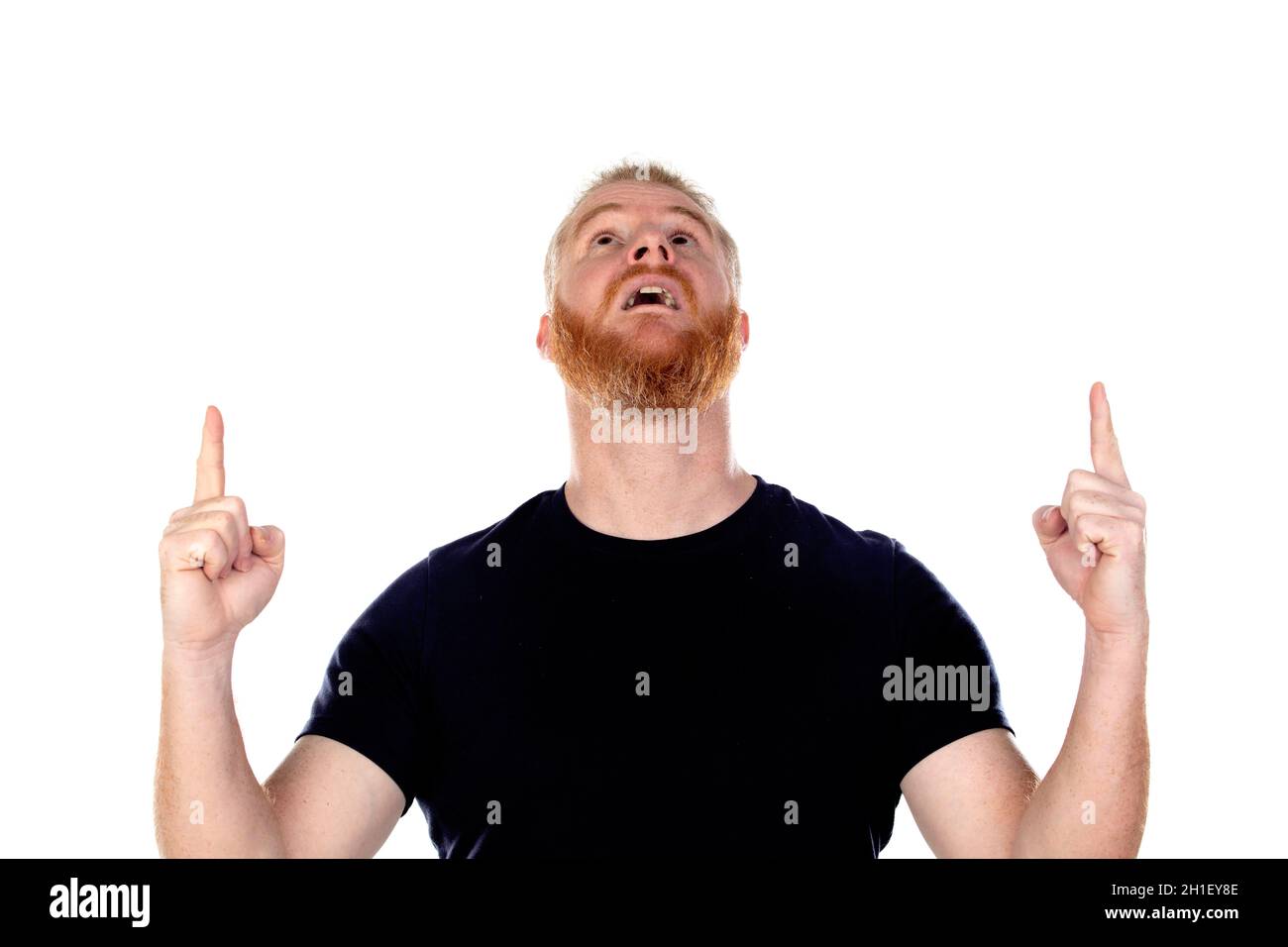 Red haired man with long beard looking up isolated on a white ...
