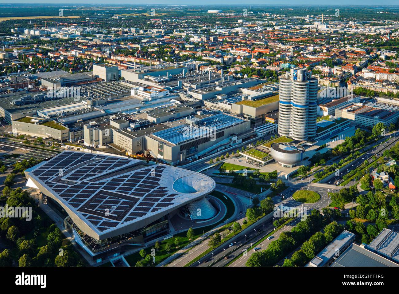MUNICH, GERMANY - JULY 08, 2018: Aerial view of BMW Museum and BWM Welt ...