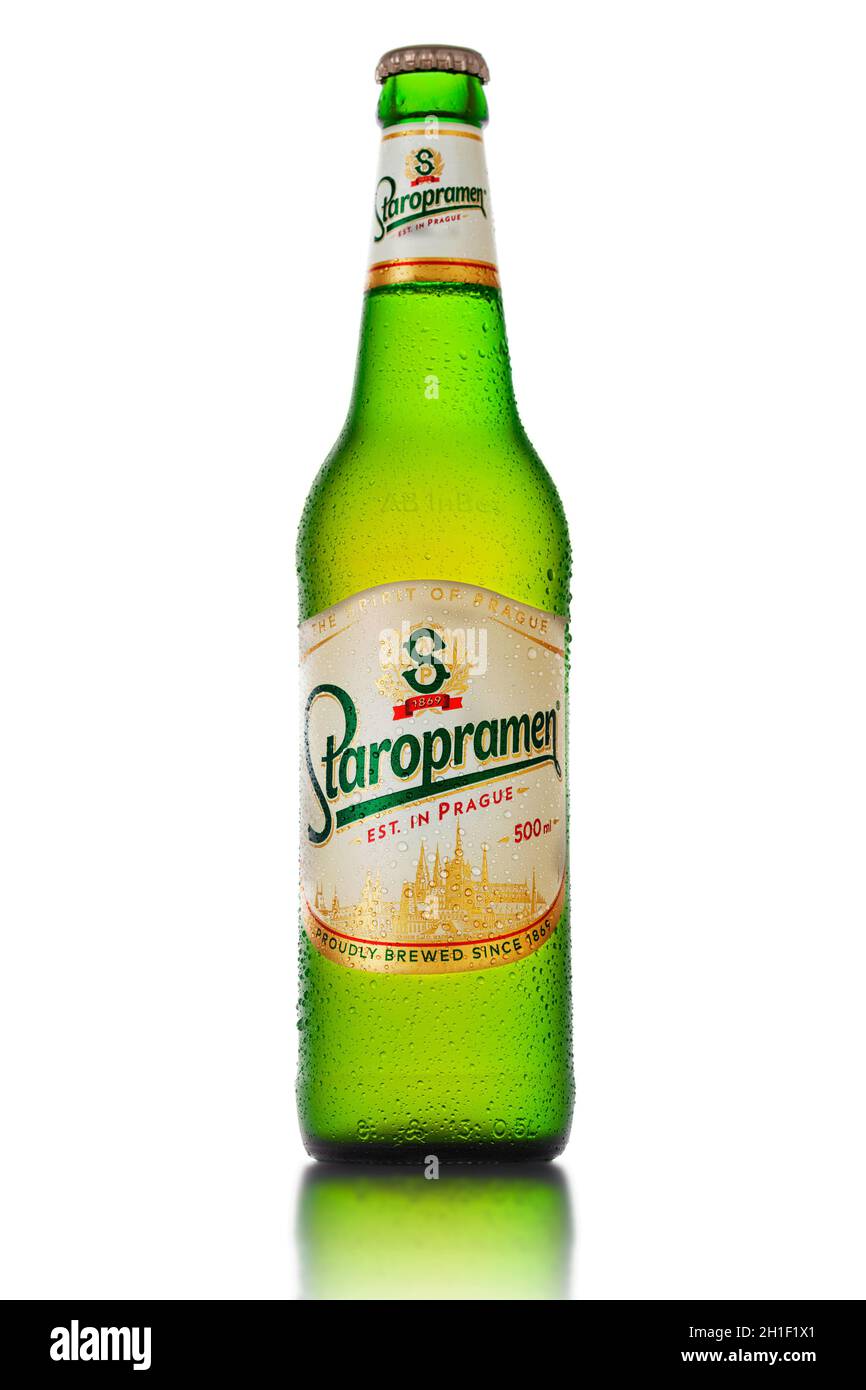 MINSK, BELARUS - OCTOBER 3, 2016: Bottle of Staropramen beer isolated ...