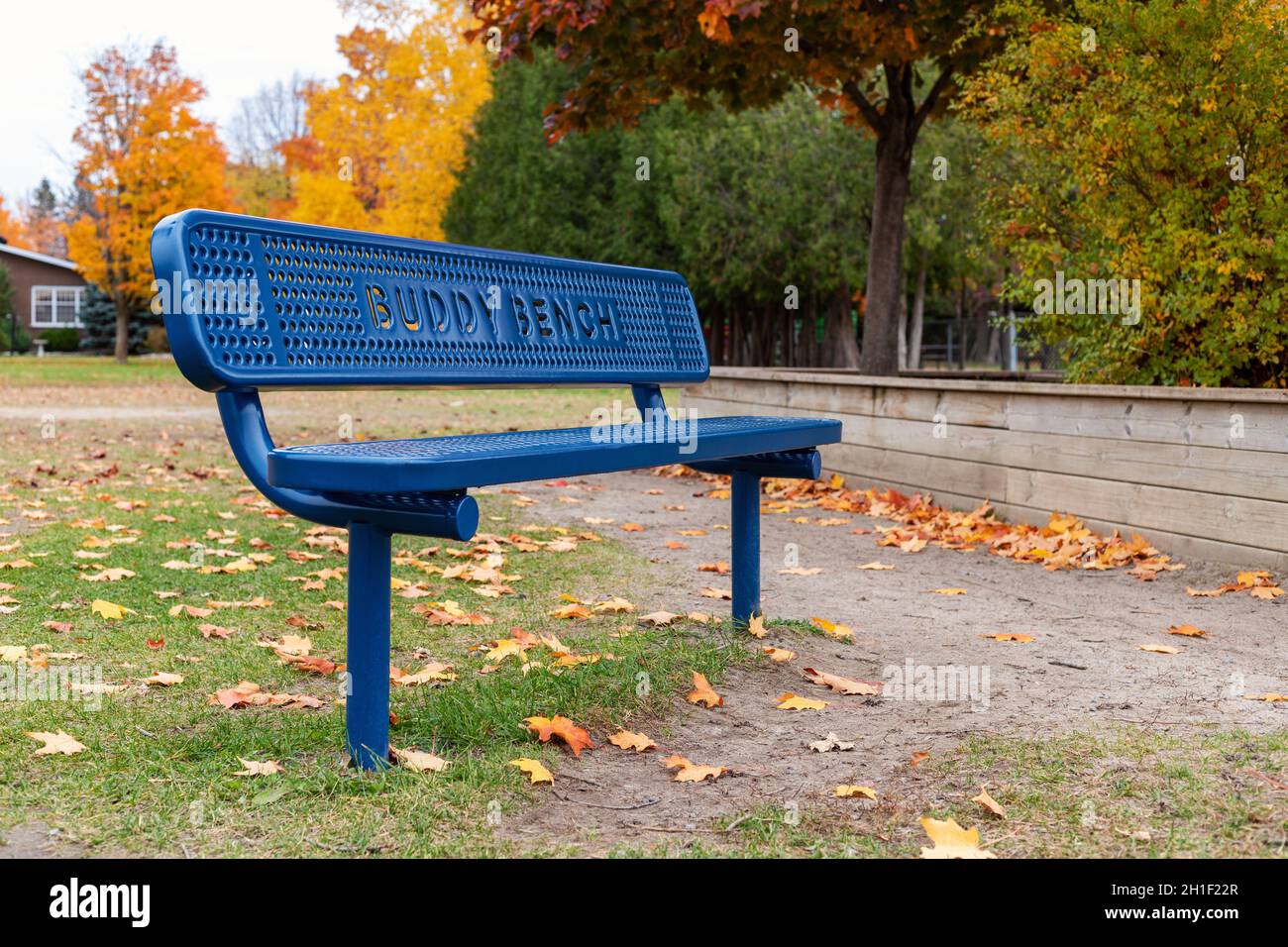 Blue buddy bench in local public park at schoolyard in fall. Autumn ...