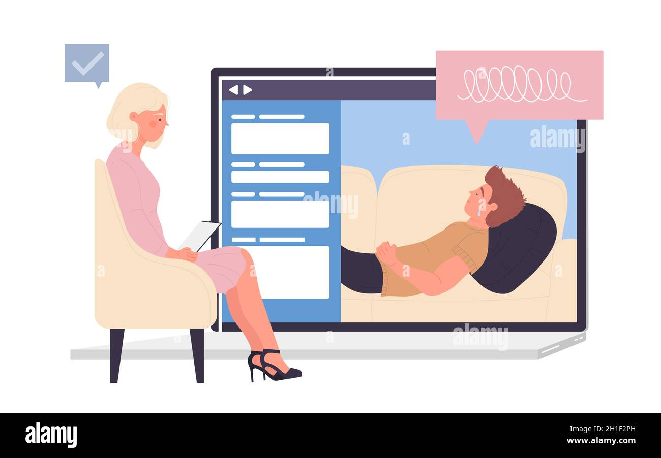 Online therapy of doctor psychologist vector illustration. Cartoon sad ...