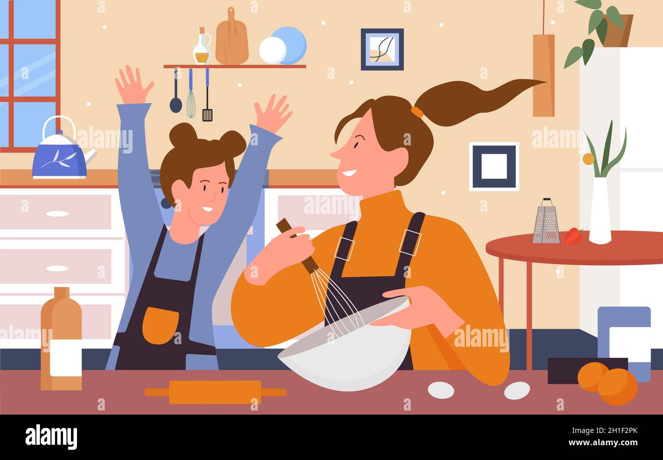 Mother cooking children in kitchen Stock Vector Images - Alamy