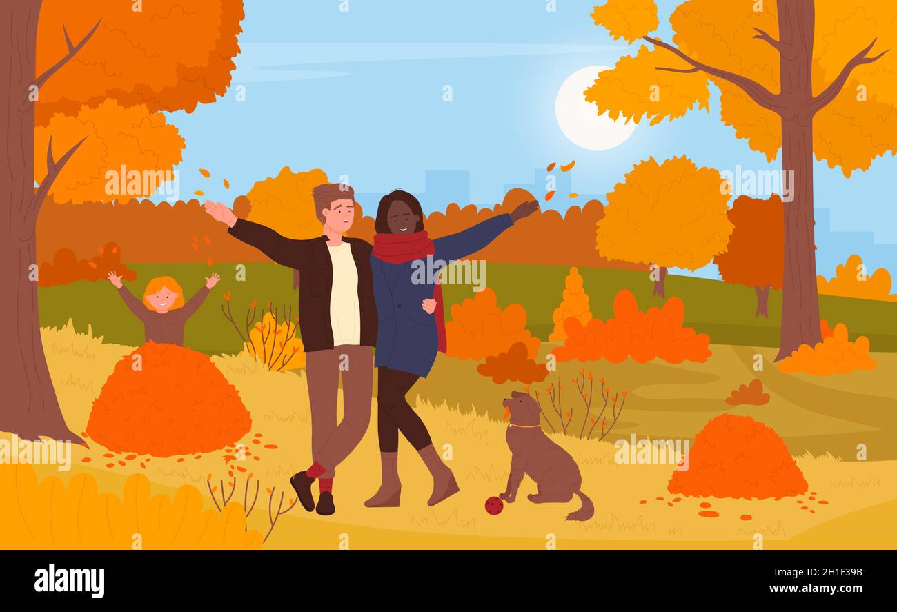 Autumn family fun walk, happy people and dog pet walking in city park ...