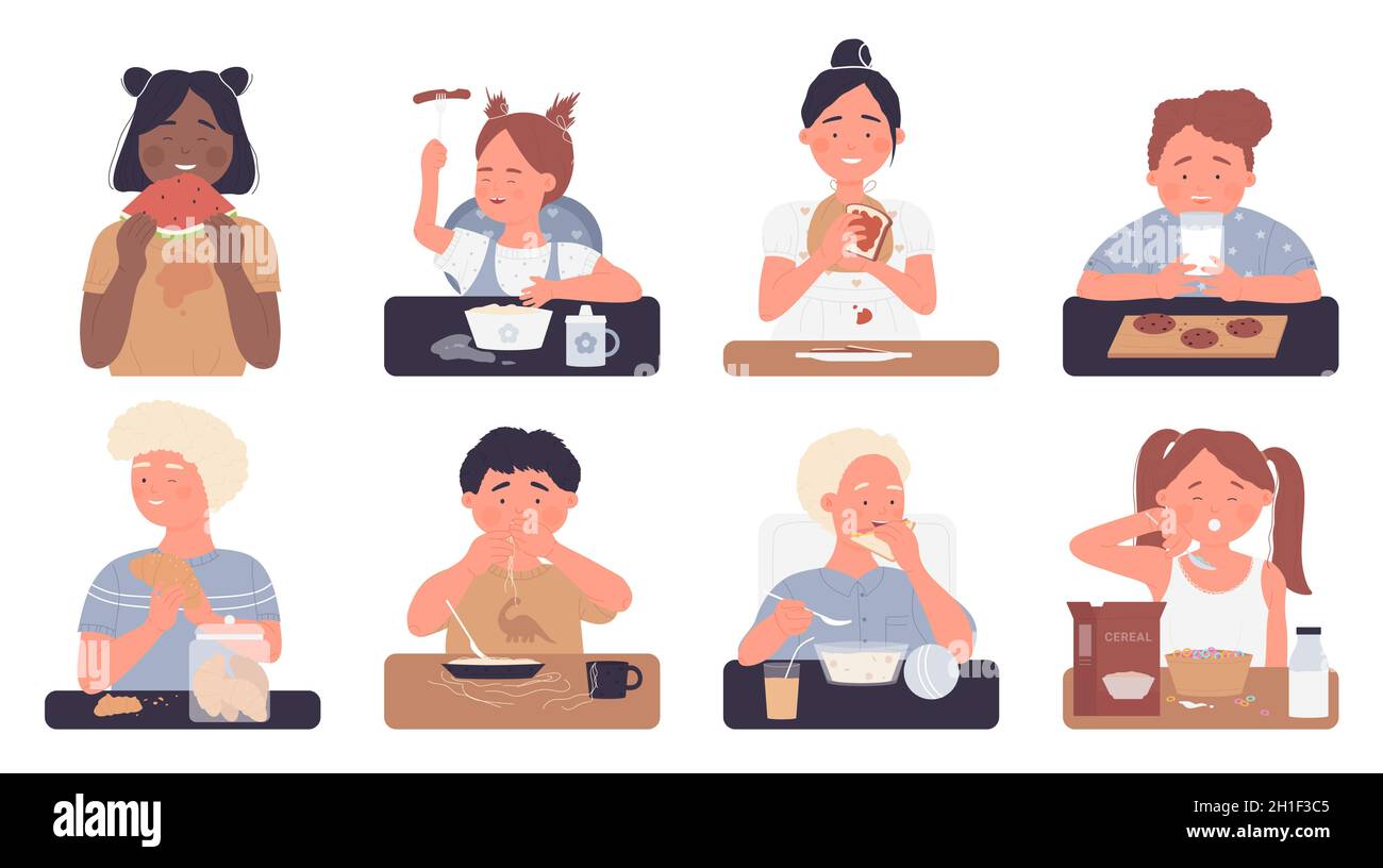 Kids eat food isolated vector illustration set. Cartoon children ...