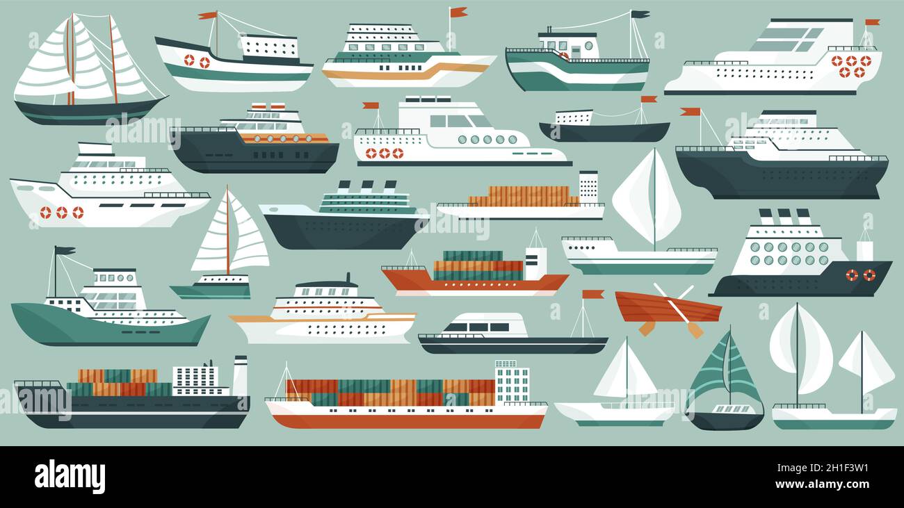 Ships and boats set vector illustration. Cartoon modern marine ...