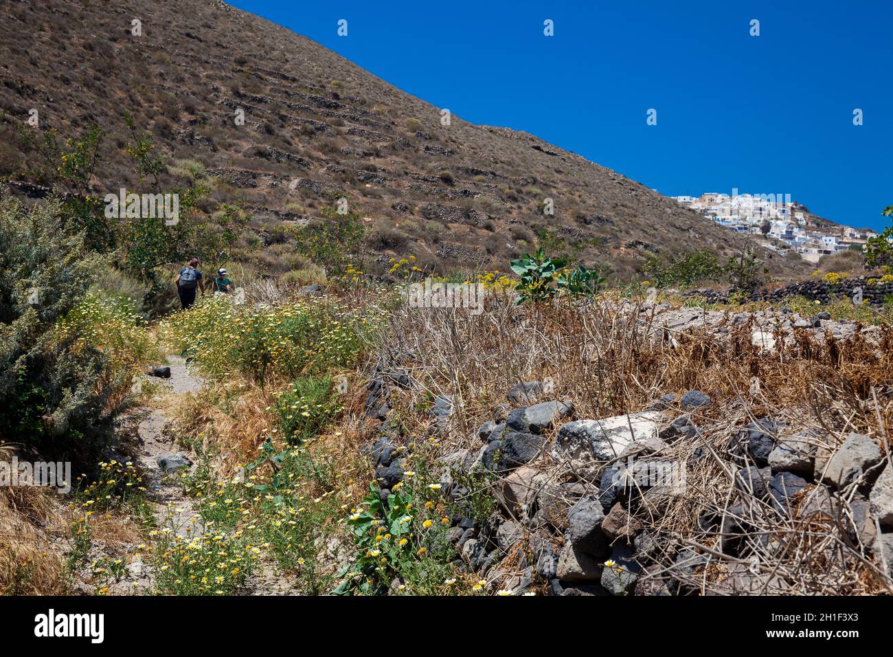 SANTORINI, GREECE - APRIL, 2018: Tourists at the walking path number 12 ...