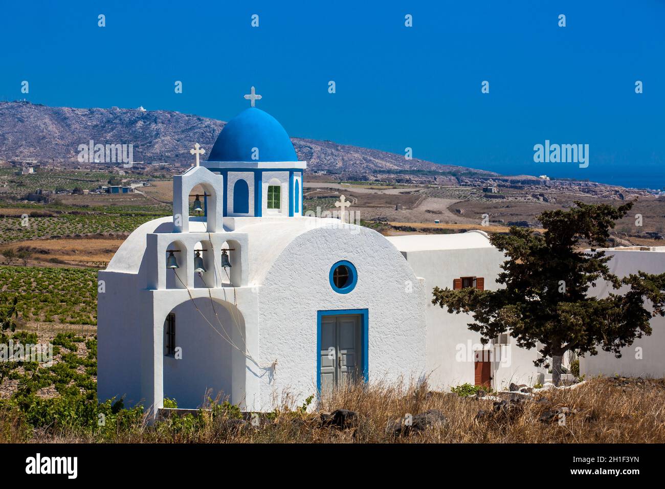 Vineyards and the Holy Trinity Church located in Akrotiri village on ...