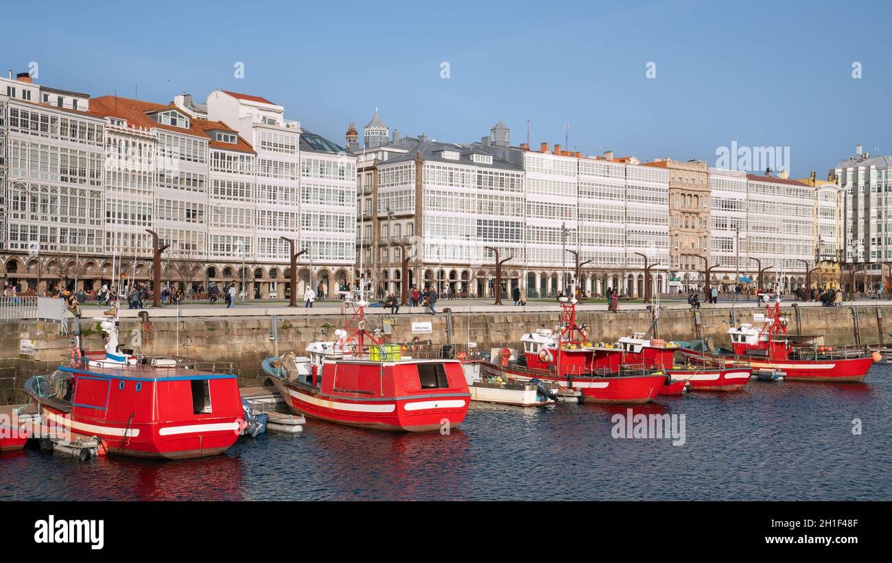 A CORUNA, SPAIN - FEBRUARY 2, 2020: Panoramic image of the harbour ...