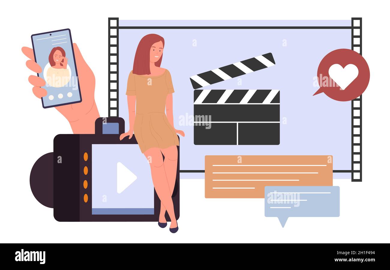 Video blog content production vector illustration. Cartoon tiny blogger ...