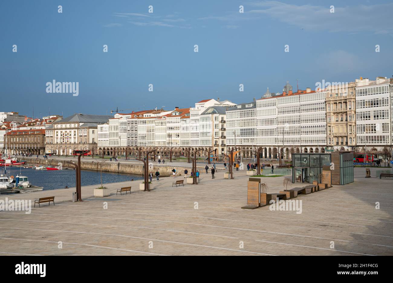 A CORUNA, SPAIN - FEBRUARY 2, 2020: Panoramic image of the harbour ...