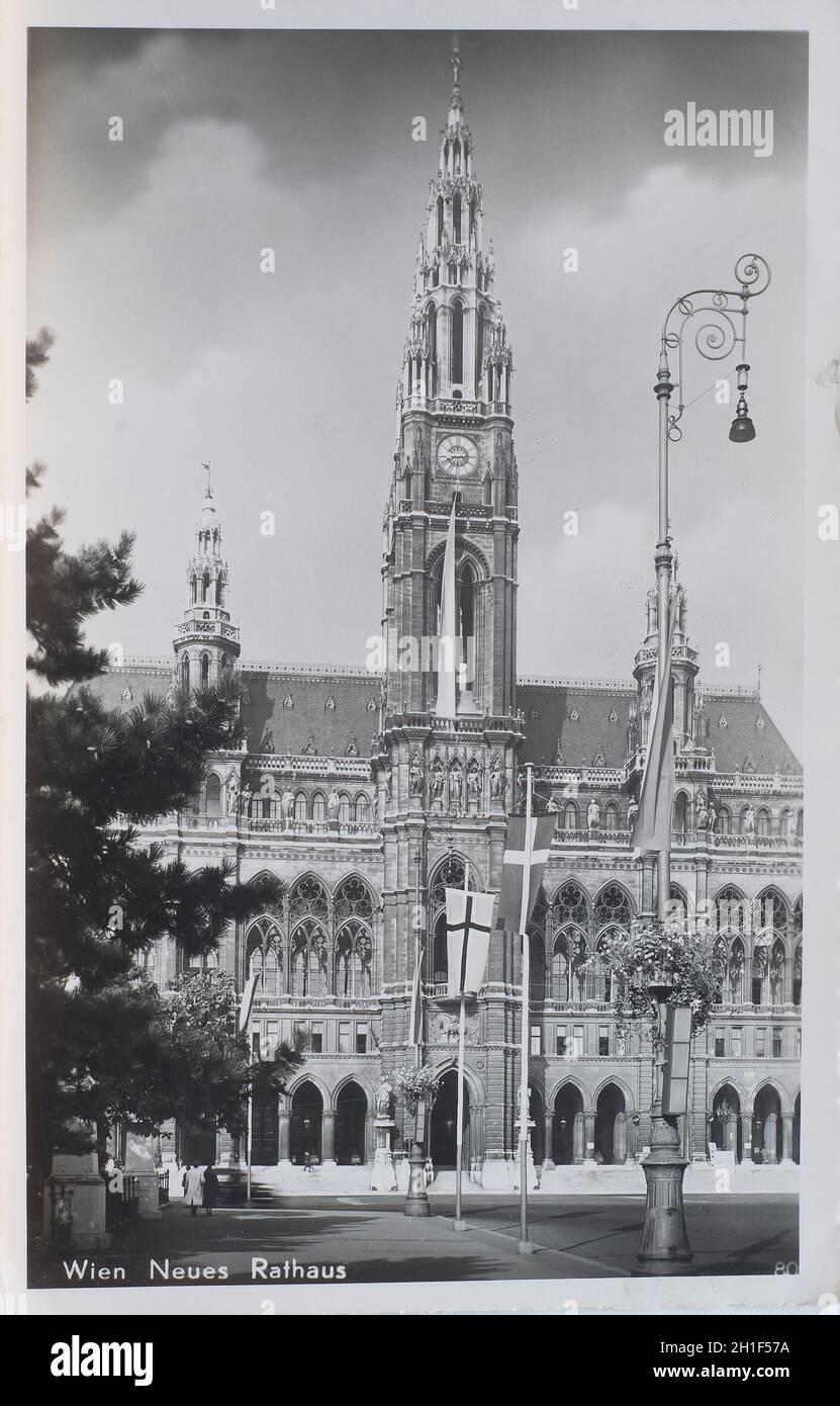 View of the town hall building in Vienna, Austria in an old illustrated ...