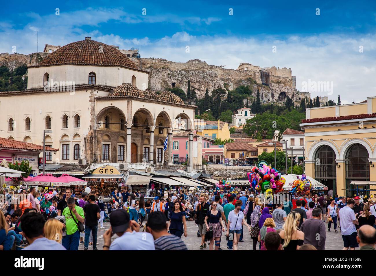 ATHENS, GREECE - APRIL, 2018: Large group of tourists and locals ...