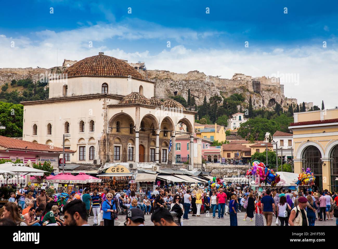 ATHENS, GREECE - APRIL, 2018: Large group of tourists and locals ...