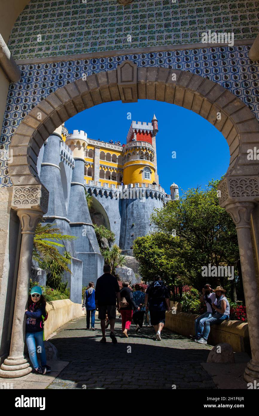 SINTRA, PORTUGAL - MAY, 2018: Tourists visiting the Pena Palace a ...