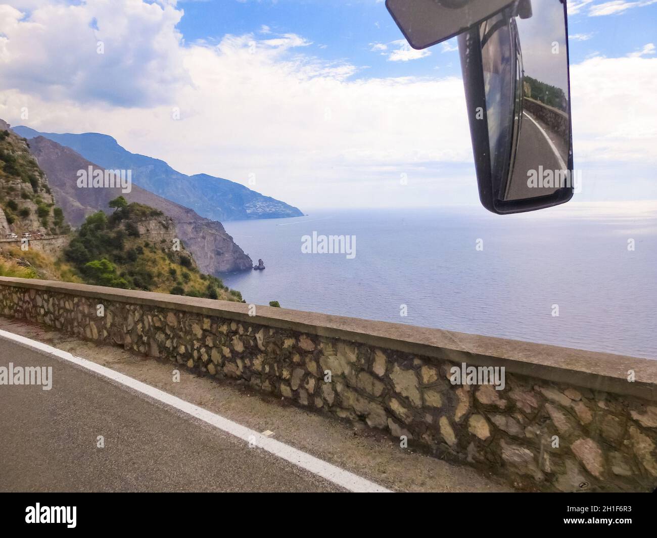 Positano at Italy along the stunning Amalfi Coast. View from bus window ...