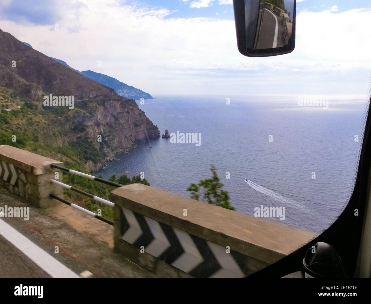 Positano at Italy along the stunning Amalfi Coast. View from bus window ...